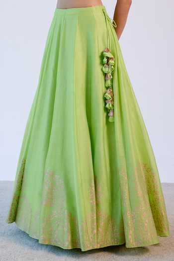 Buy Devnaagri Green Chanderi Hand Block Print Lehenga Set Online | Aza ...