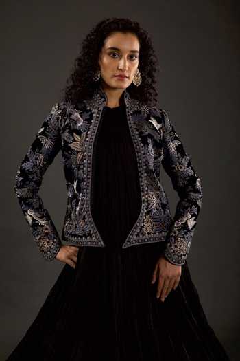 Buy Rohit Bal Blue Silk Velvet Embroidered Short Jacket Online | Aza ...