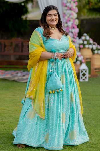 Buy Anjana Bohra Blue Cotton Surajmukhi Bandhani Pattern Lehenga Set ...