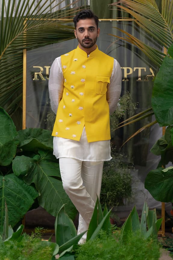 Buy Runit Gupta Yellow Cotton Lotus Embroidered Bundi Online | Aza Fashions