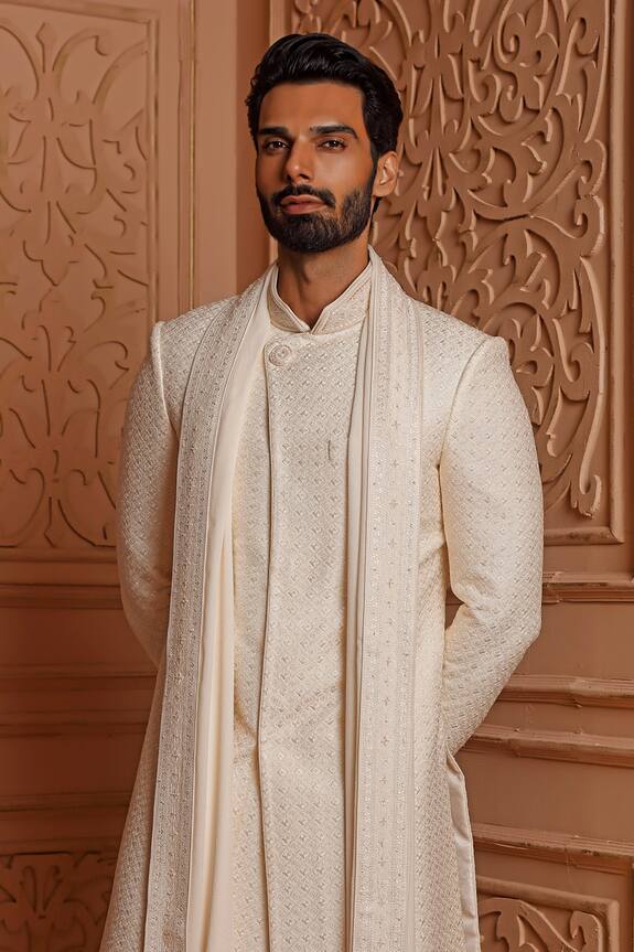 Buy Vanshik Ivory Silk Floral Embroidered Sherwani Set Online | Aza ...