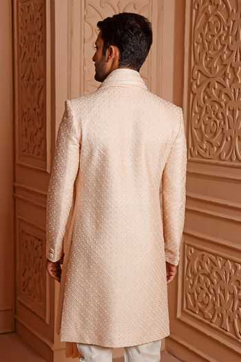 Buy Vanshik Peach Raw Silk Floral Embroidered Sherwani Set Online | Aza ...