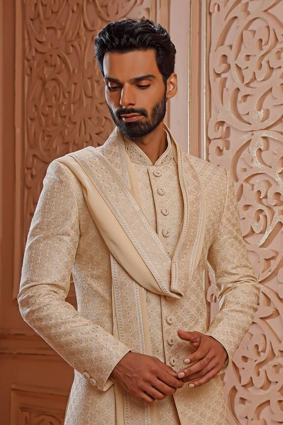 Buy Vanshik Beige Chanderi Floral Embroidered Sherwani Set Online | Aza ...