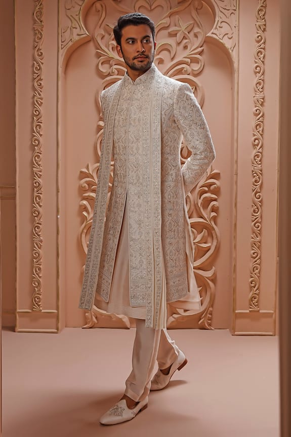 Buy Vanshik Cream Raw Silk Floral Embroidered Sherwani Set Online | Aza ...