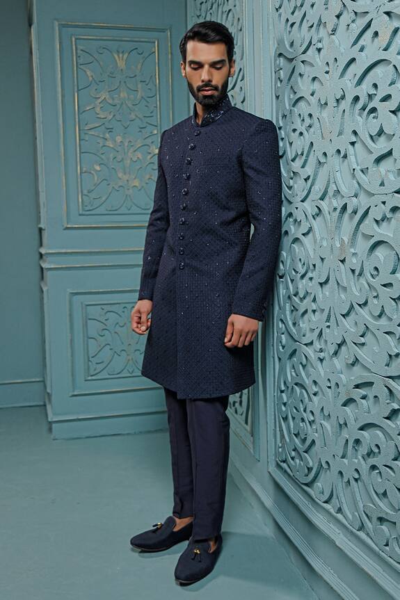 Buy Vanshik Blue Silk Embroidered Sherwani Set Online | Aza Fashions