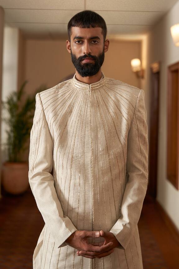 Buy Contrast By Parth Beige Jacquard Embroidered Sherwani Set Online ...