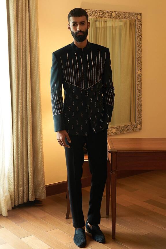 Buy Contrast By Parth Black Suede Velvet Gunpowder Bandhgala Set Online ...