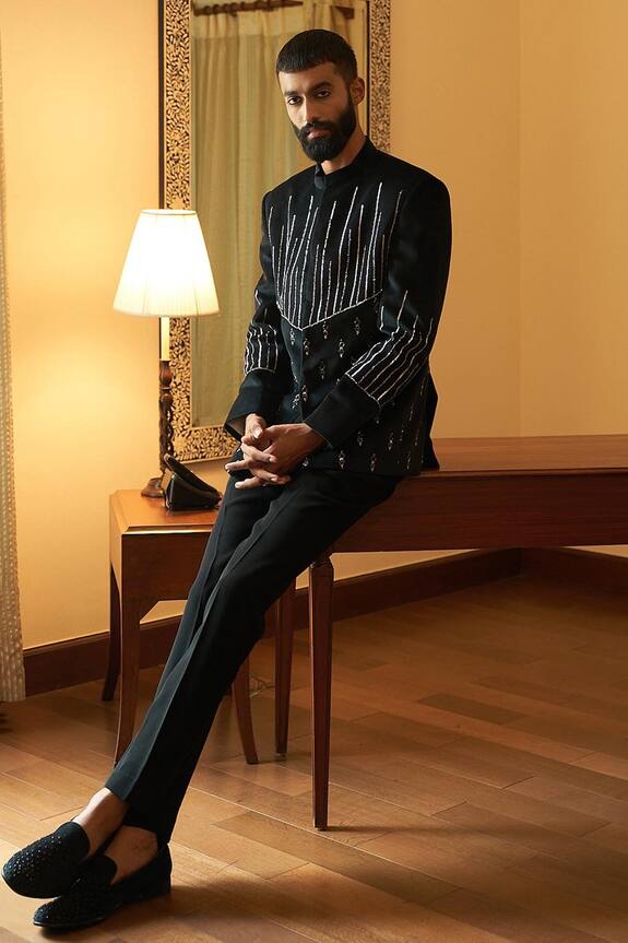 Buy Contrast By Parth Black Suede Velvet Gunpowder Bandhgala Set Online ...