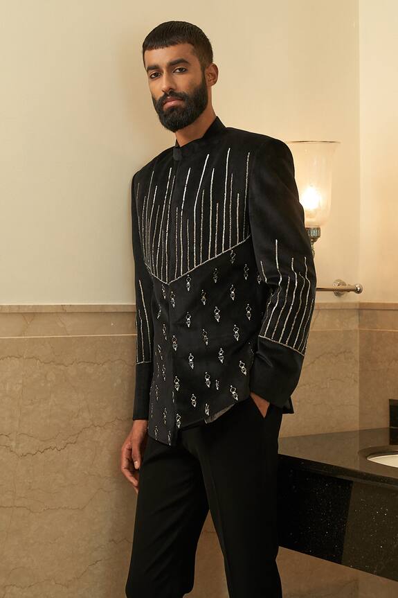 Buy Contrast By Parth Black Suede Velvet Gunpowder Bandhgala Set Online ...