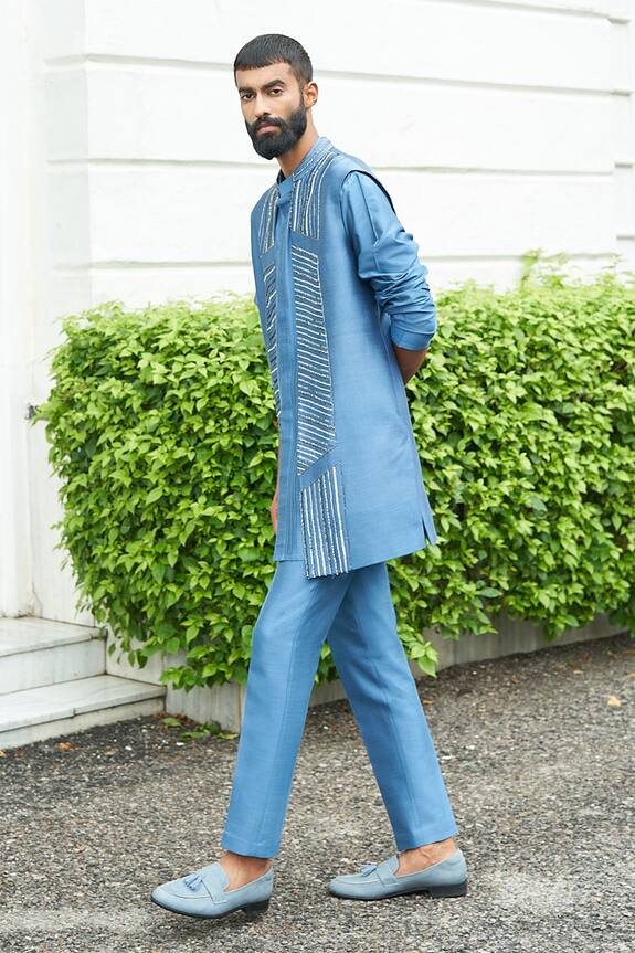 Buy Contrast By Parth Blue Spun Chanderi Silk Linear Embroidered Jacket ...