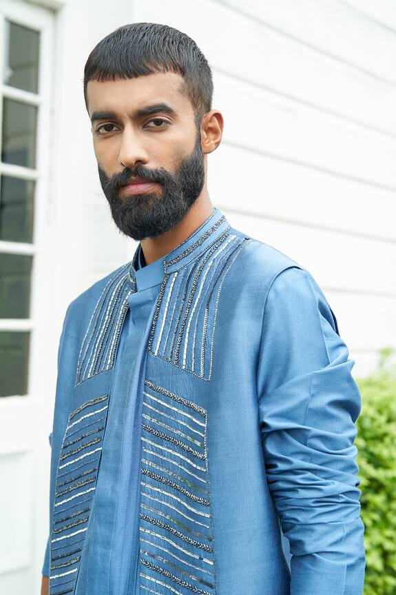 Buy Contrast By Parth Blue Spun Chanderi Silk Linear Embroidered Jacket ...