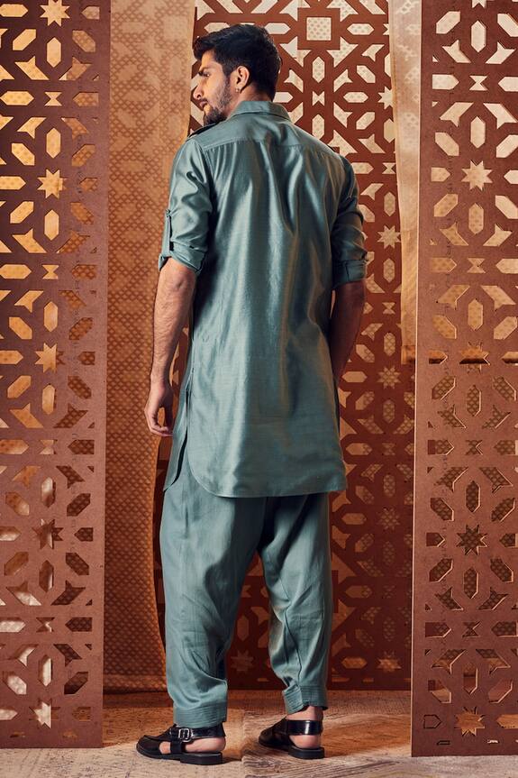 Buy Charkhee Green Chanderi Pathani Kurta Set Online | Aza Fashions