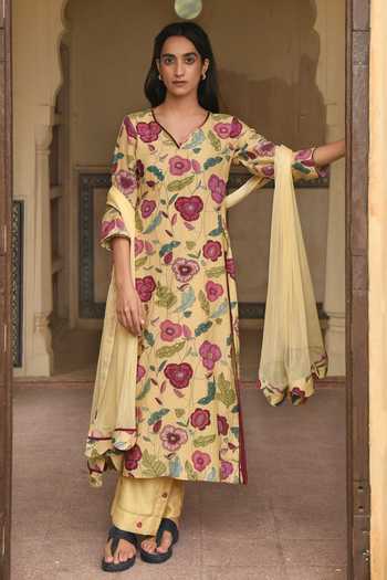 Buy Taro Yellow Chiffon Corn Chanderi Silk Kurta Set Online | Aza Fashions