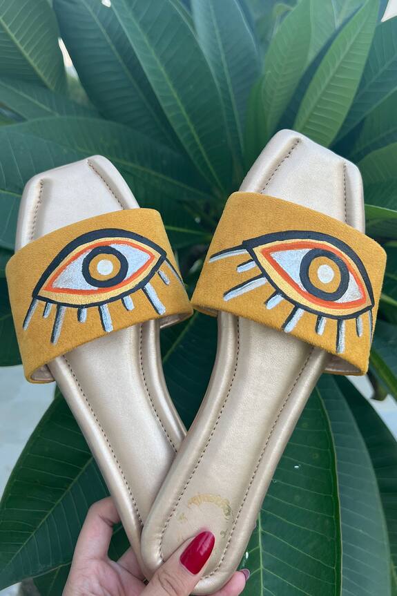 Buy Rajasthani Stuff Yellow Suede Hostile Stare Hand Painted Flats ...