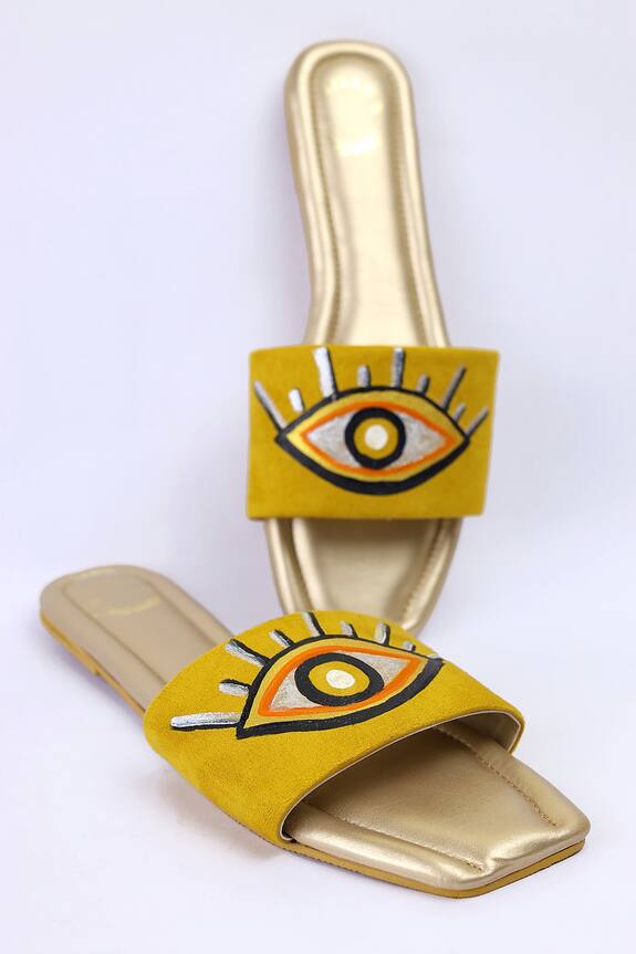 Buy Rajasthani Stuff Yellow Suede Hostile Stare Hand Painted Flats ...