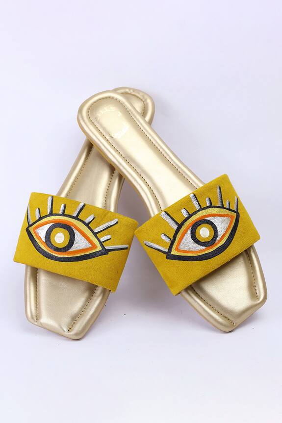 Buy Rajasthani Stuff Yellow Suede Hostile Stare Hand Painted Flats ...