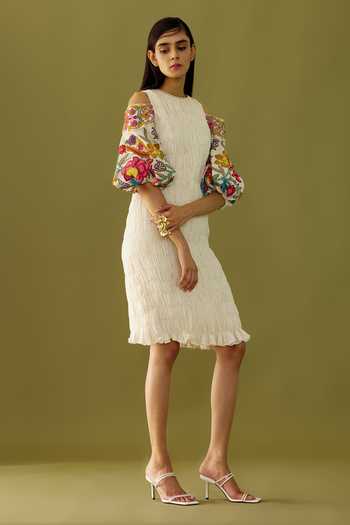 Buy Chandrima Ivory Cotton Cold Shoulder Dress Online | Aza Fashions