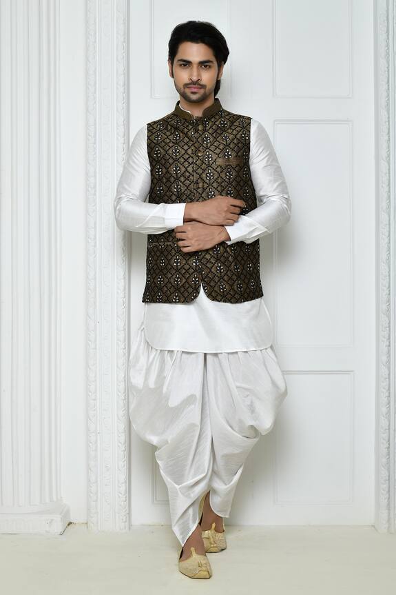 Buy Arihant Rai Sinha Brown Silk Floral Geometric Embroidered Bundi ...