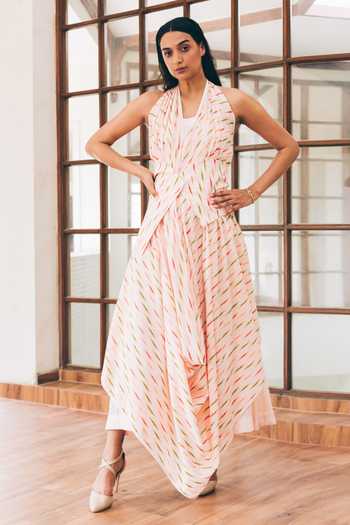 Buy Tarini Vij Peach Eleanor Ikat Print Dress Online | Aza Fashions