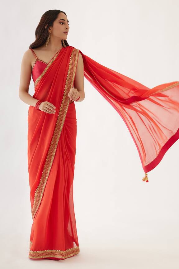 Buy Nikasha Coral Viscose Georgette Embroidered Saree With Blouse ...