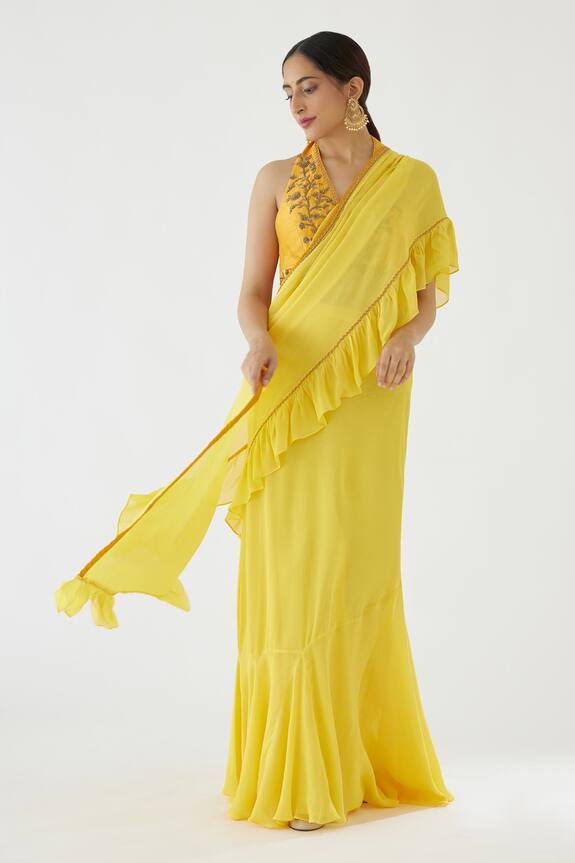 Buy Nikasha Yellow Viscose Georgette Ruffle Saree With Embroidered ...