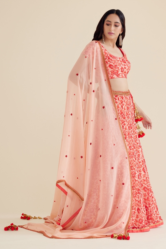 Buy Nikasha Red Viscose Organza Floral Print Lehenga Set Online | Aza ...