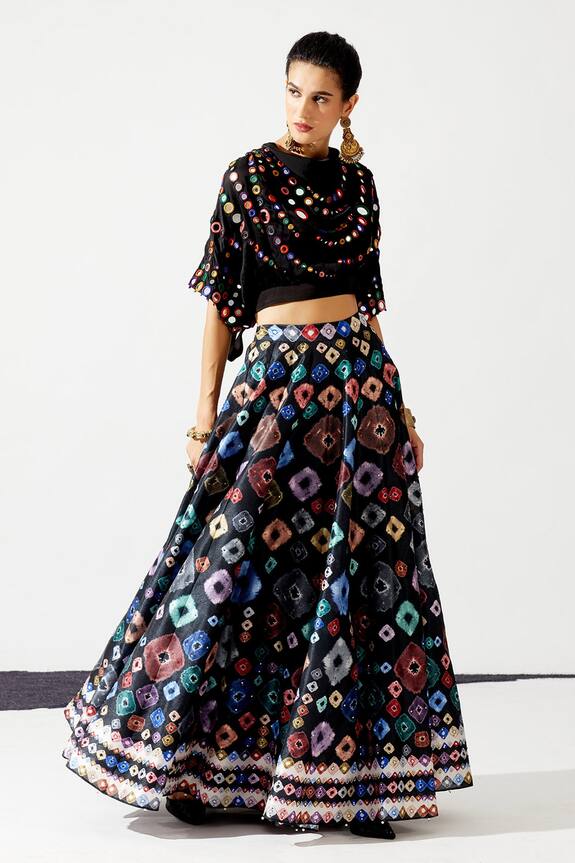 Buy Rajdeep Ranawat Black Cotton Satin Leela Geometric Print Lehenga ...