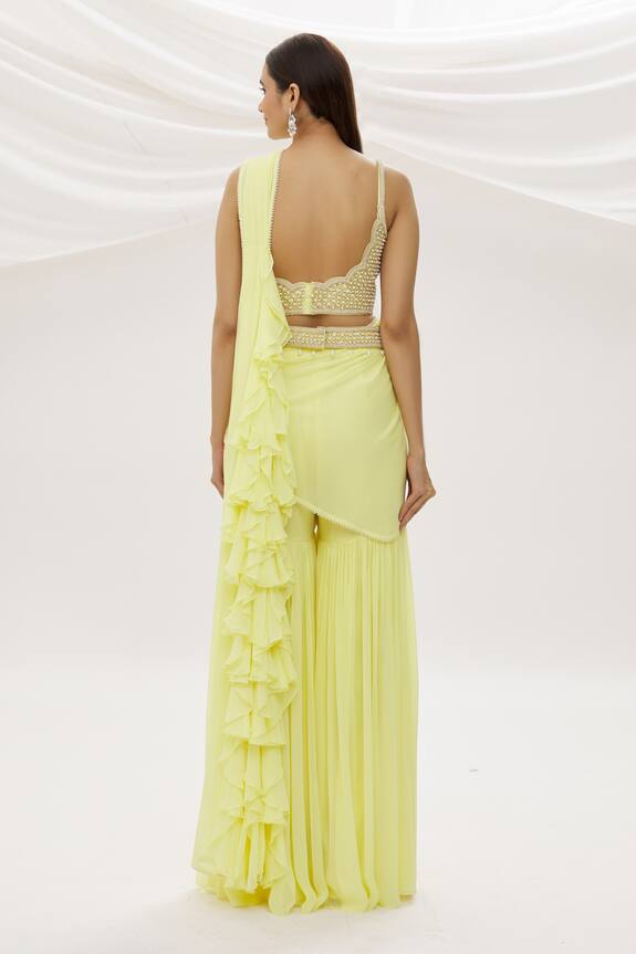 Buy Kresha Lulla Yellow Georgette Sharara Ruffle Saree With Embroidered ...