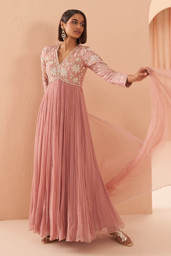 Buy Parul Gandhi Label Pink Silk Pleated Anarkali With Dupatta Online ...