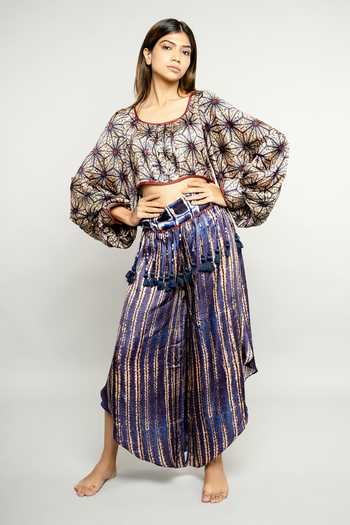 Buy Anmol Kakad Blue Satin Nugi Crop Top And Flared Pant Set Online ...