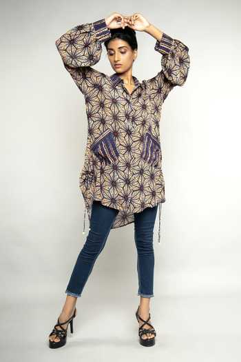 Buy Anmol Kakad Blue Crepe Silk Zahra Geometric Pattern Shirt Online ...
