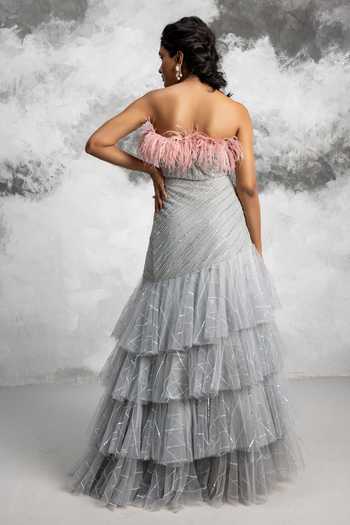 Buy Couture by Niharika Blue Net Feather Embellished Blouse And Frill ...