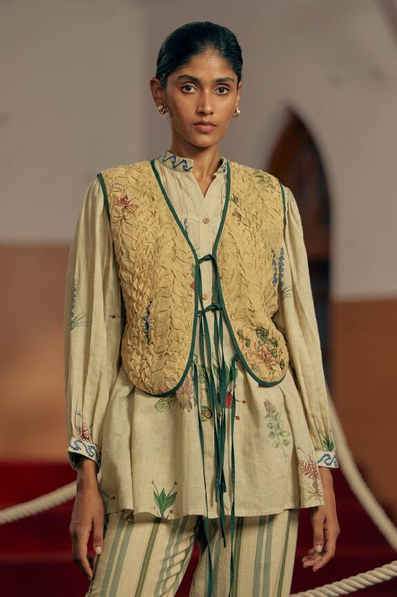 Buy Cord Yellow Cotton Janett-gilet Jacket Online | Aza Fashions