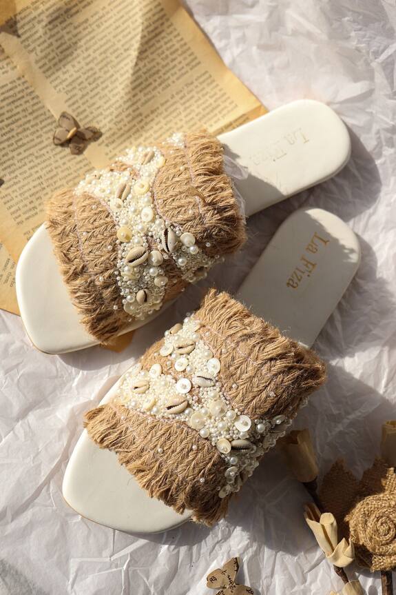 Buy La Fiza Brown Fabric Autumn Embellished Sliders Online | Aza Fashions