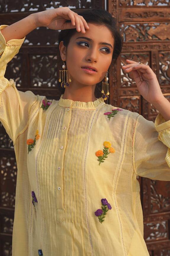 Buy Dhaari Yellow Embroidered Cotton Silk Dress Online | Aza Fashions