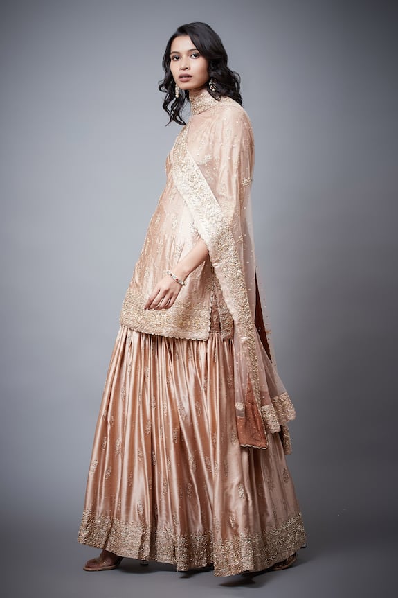 Buy RI.Ritu Kumar Beige Silk Satin Embroidered Kurta Gharara Set Online | Aza Fashions