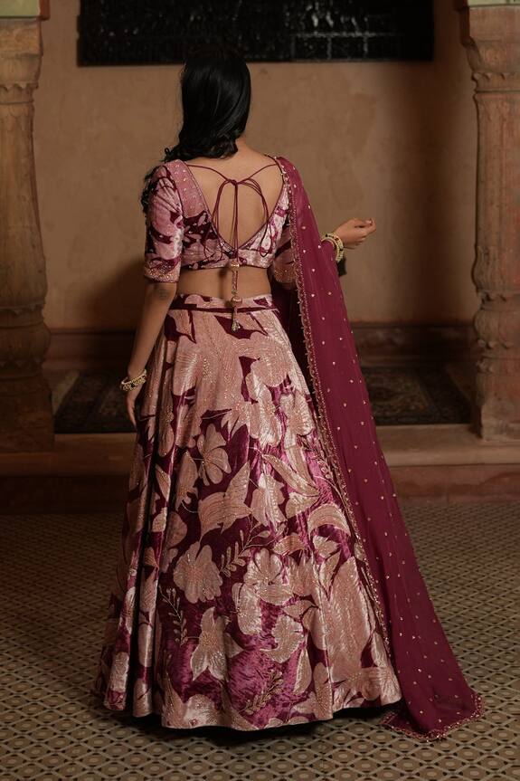 Buy Ruhr India Maroon Taffeta Hand Embroidered Lehenga Set Online | Aza ...