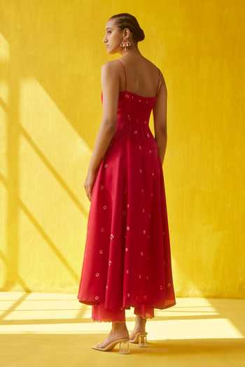 Buy Aapro Red Modal Satin Mira Strappy Anarkali Pant Set Online | Aza ...