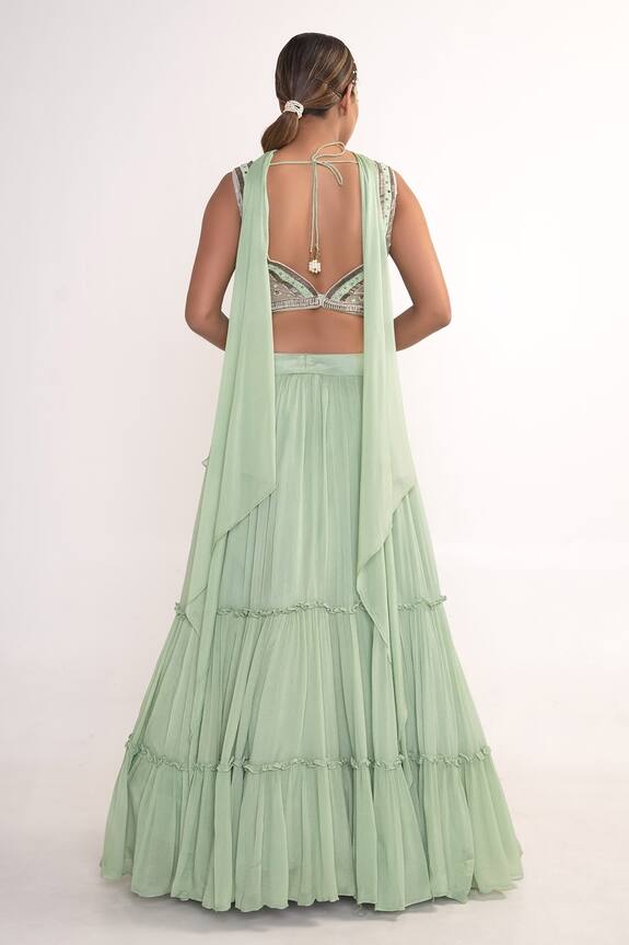 Buy Merge Design Green Crepe Tiered Lehenga Set Online | Aza Fashions