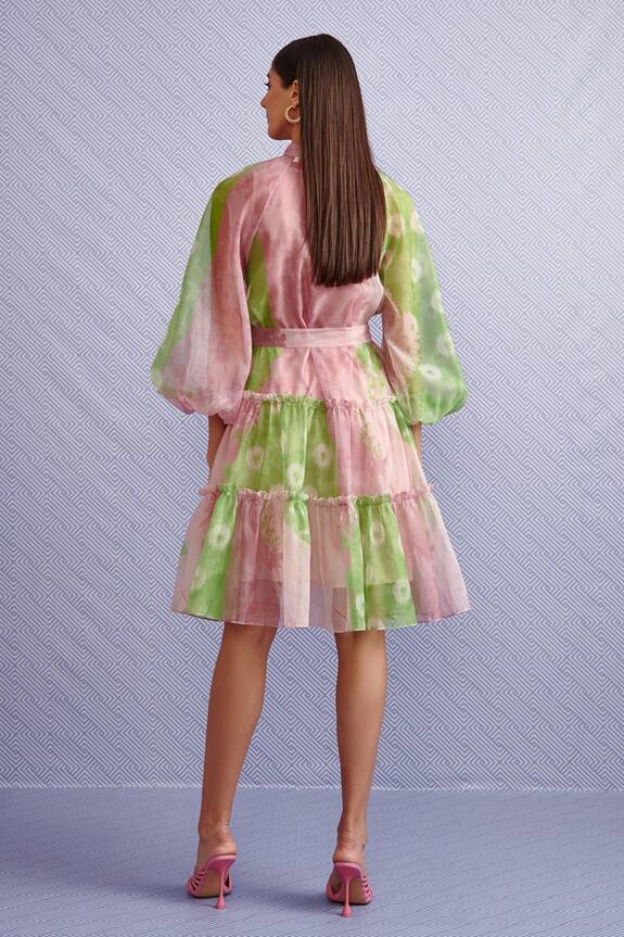 Buy Pankaj & Nidhi Green Organza Breez Tiered Geometric Pattern Dress ...