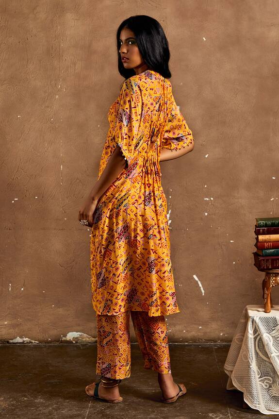 Buy Kinjal Modi Yellow Cotton Silk Geometric Print Kaftan Kurta And ...