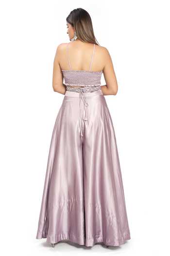 Buy Vana Ethnics Purple Satin Pearl Embellished Bustier And Palazzo Set ...
