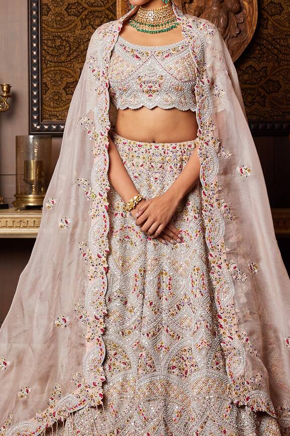 Buy Prisho Pink Tissue Pearl Embroidered Lehenga Set Online | Aza Fashions