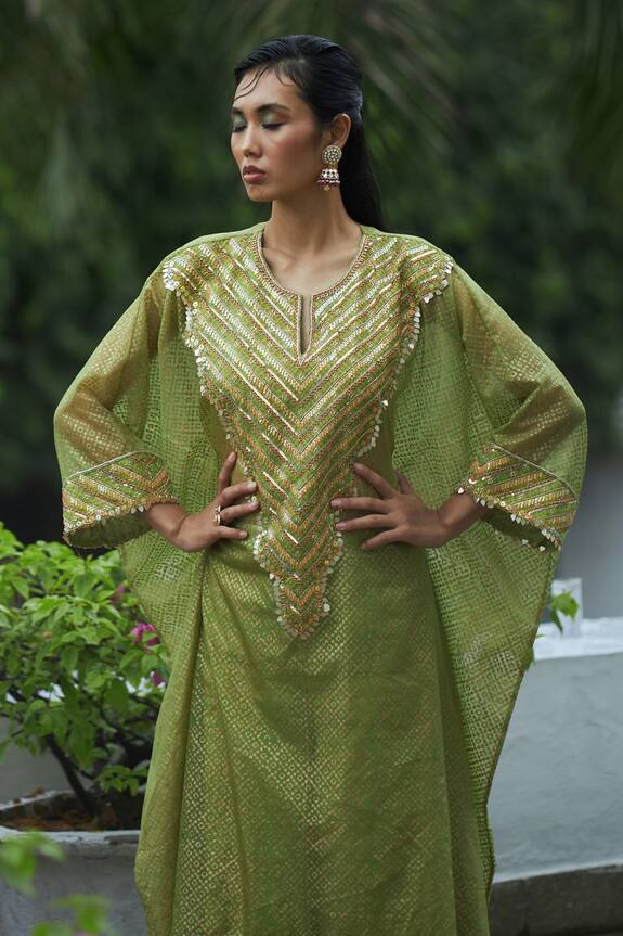Buy Moledro Green Aria Chanderi Brocade Kaftan And Pant Set Online ...
