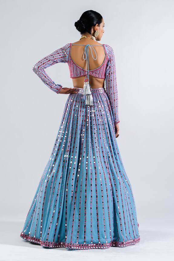 Buy Vvani by Vani Vats Blue Satin Organza Mirror Work Stripe Pattern ...