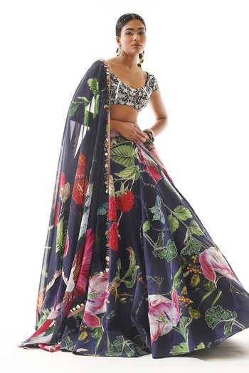 Buy Mahima Mahajan Blue Organza Satin Fruit Print Lehenga Set Online ...
