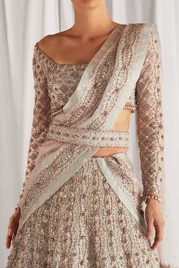 Buy Cherie D Silver Silk Embroidered Lehenga Set Online | Aza Fashions