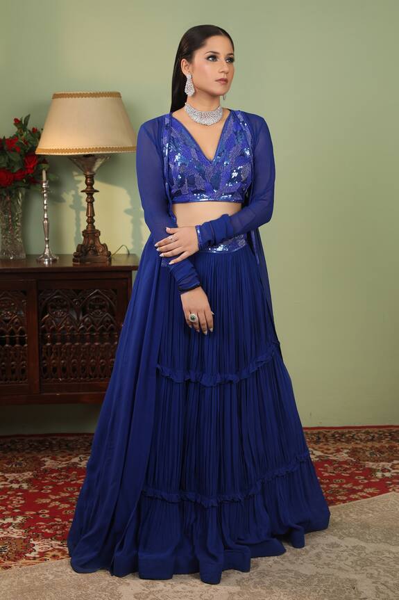 Buy Neha Khullar Blue Georgette Embroidered Cape And Lehenga Set Online ...