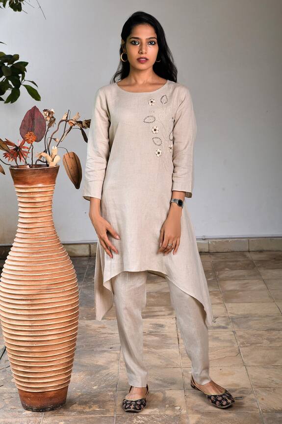 Buy Linen Bloom Beige Linen Embroidered Tunic Online | Aza Fashions