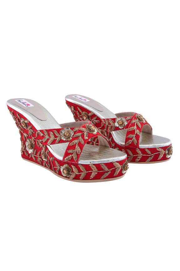 Buy Fuchsia Red Patent Leather Embellished Wedges Online | Aza Fashions